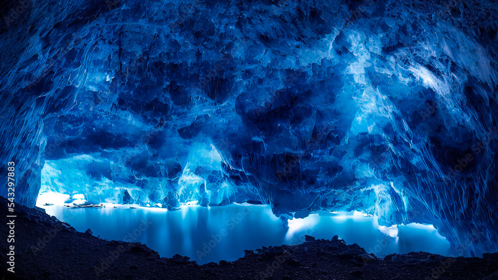 Snow cave. Landscape of night antactis, tunnel and labyrinths in an ice ...