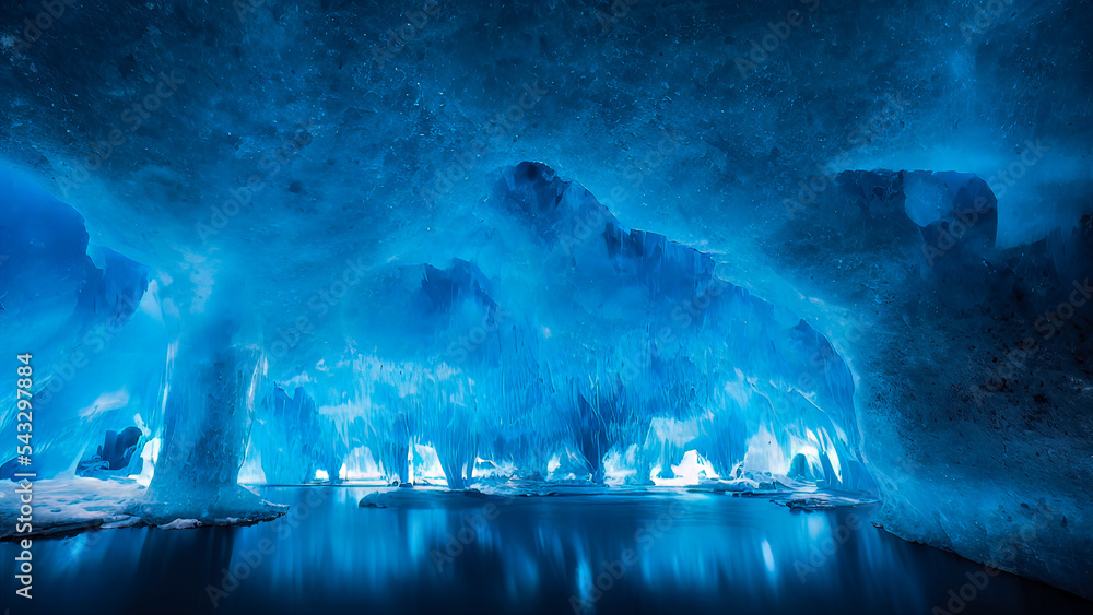 Snow cave. Landscape of night antactis, tunnel and labyrinths in an ice ...