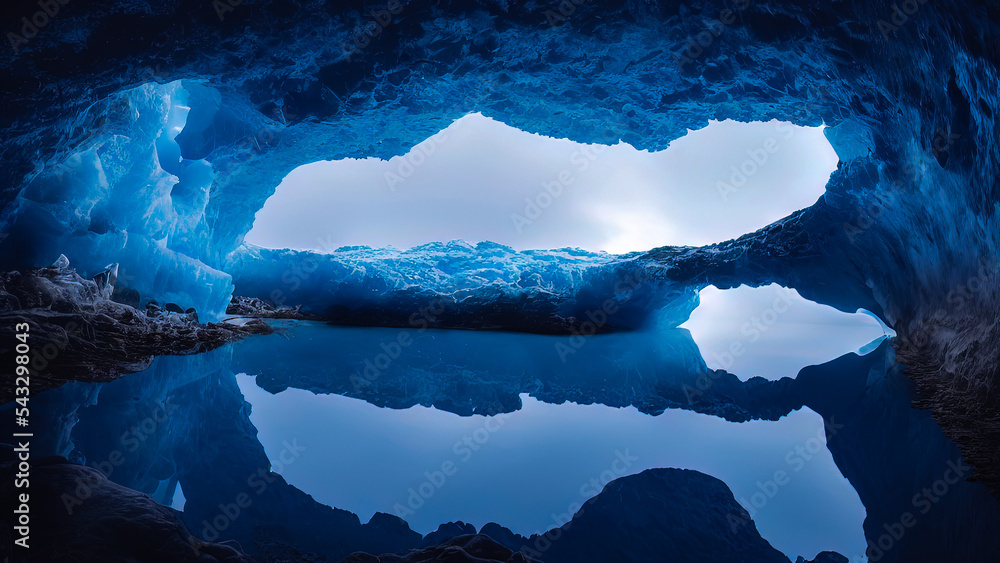 Snow cave. Landscape of night antactis, tunnel and labyrinths in an ice ...