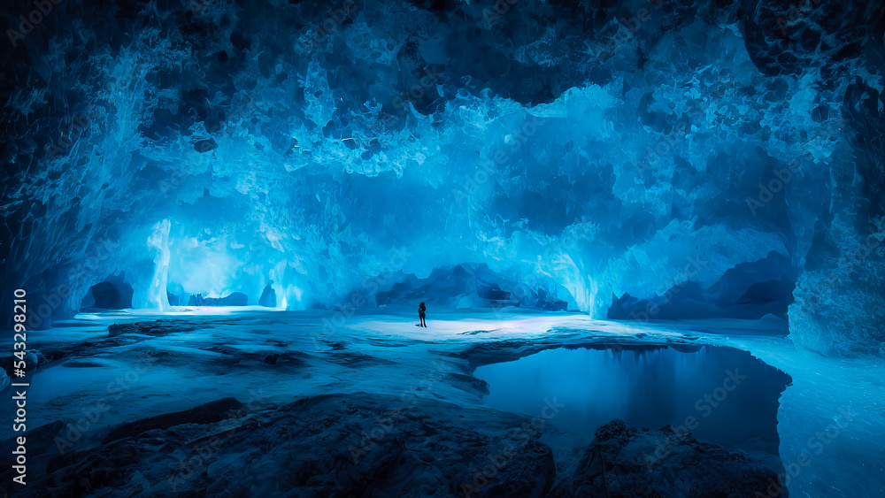 Snow cave. Landscape of night antactis, tunnel and labyrinths in an ice ...