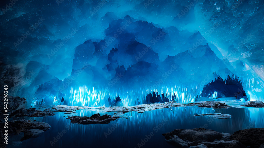 Snow cave. Landscape of night antactis, tunnel and labyrinths in an ice ...