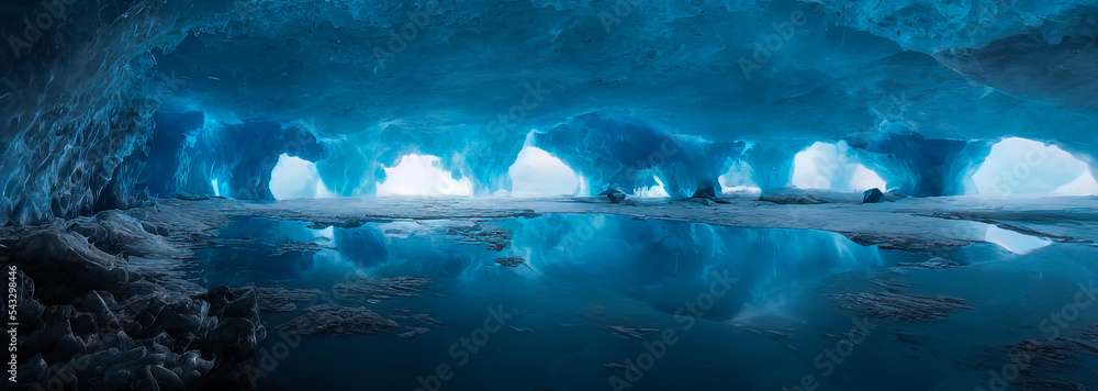 Snow cave. Landscape of night antactis, tunnel and labyrinths in an ice ...