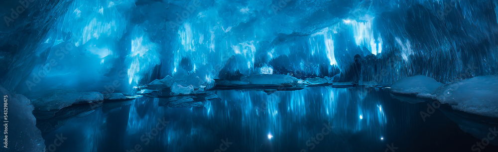 Snow cave. Landscape of night antactis, tunnel and labyrinths in an ice ...