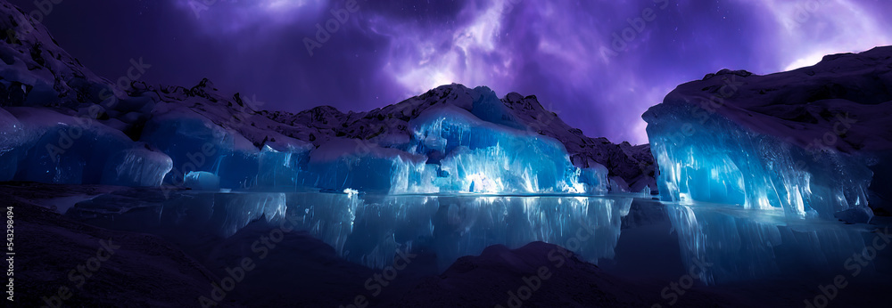 Snow cave. Landscape of night antactis, tunnel and labyrinths in an ice ...