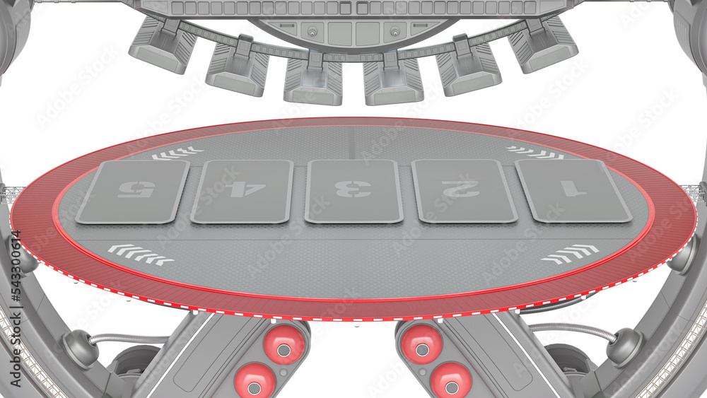 close up on the circular pad of the space pit mega garage on front view ...