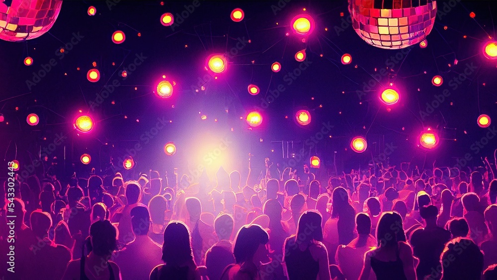 Hyper-realistic illustration of crowd at purple Disco Dance Floor with ...