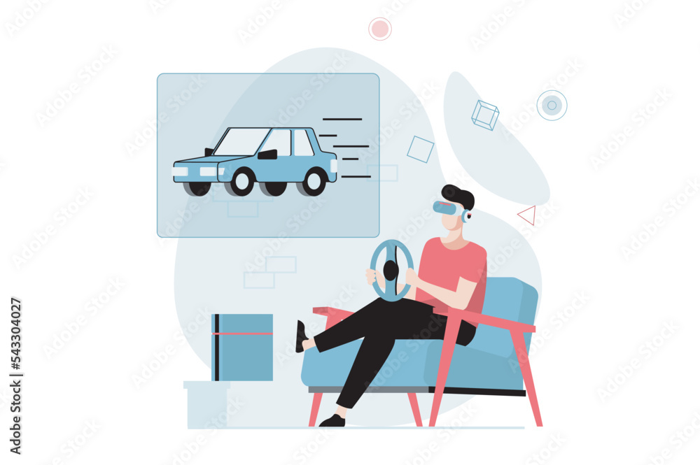 Virtual reality concept with people scene in flat design. Man in VR ...