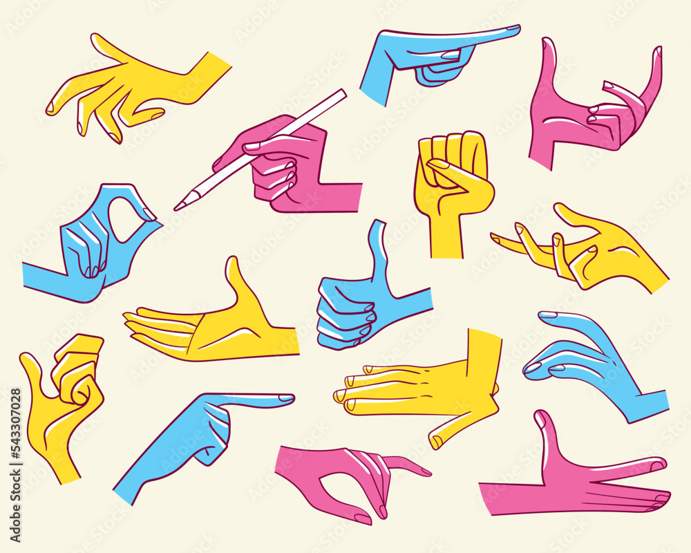 Various gestures of differently colored hands. Set of cartoon vector ...