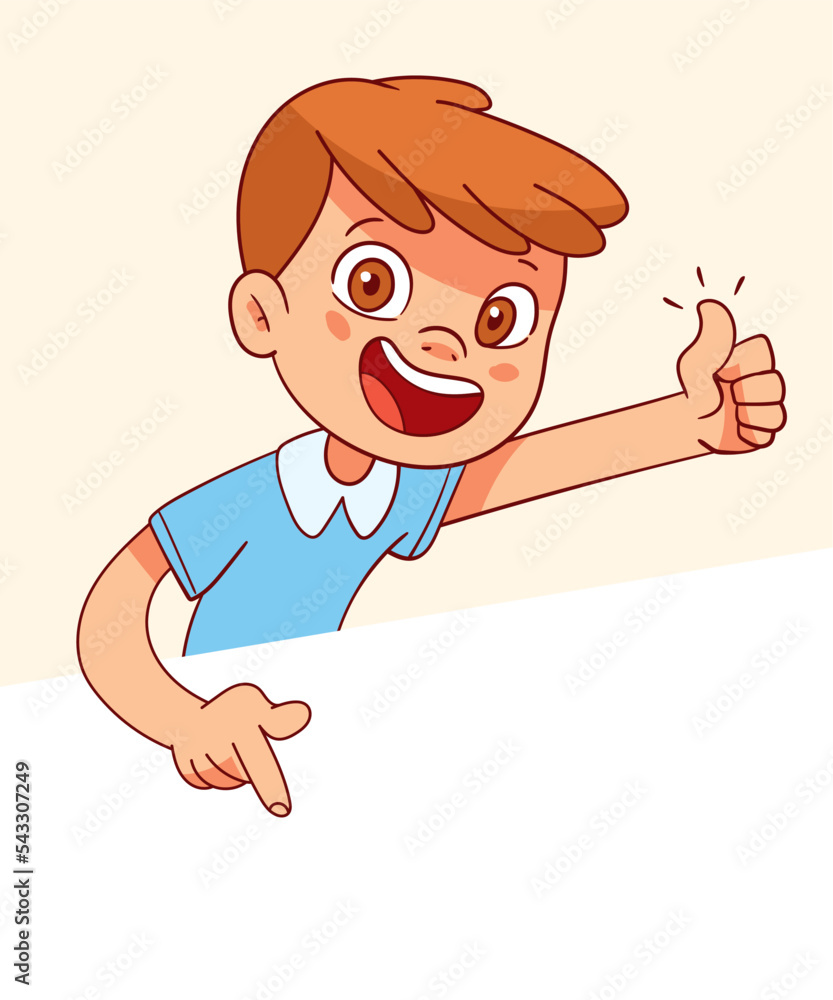 Boy points his finger at the empty poster. Template for children design ...