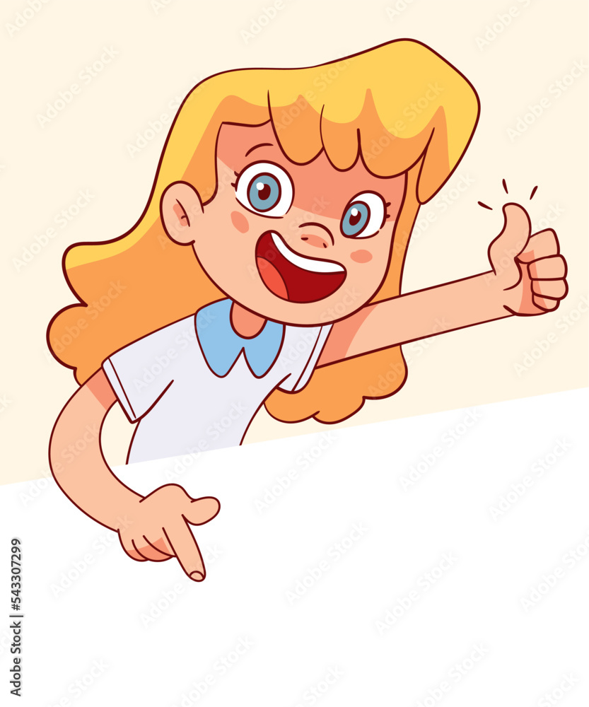 Girl points her finger at the empty poster. Template for children ...