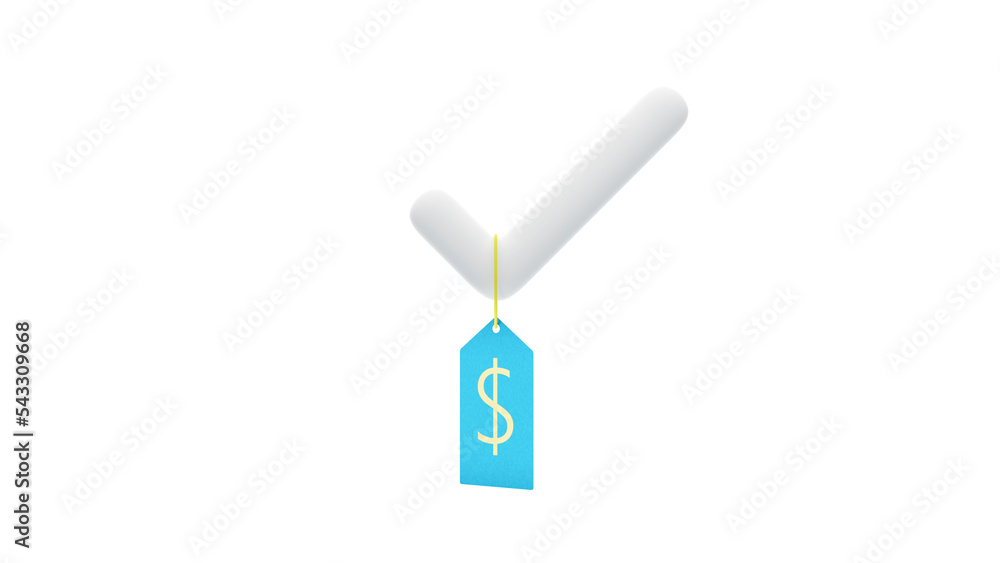 Big White 3D Tick or Check mark with Blue price tag dangling. 3D render ...