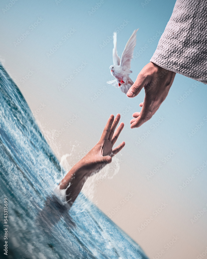Rescue hand. Person drowning in the sea. Holy Spirit. Helping gesture ... Rescue hand. Person drowning in the sea. Holy Spirit. Helping gesture ...