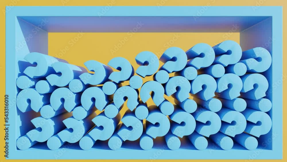 3d animation blue question marks are falling in a blue box. 3d render ...