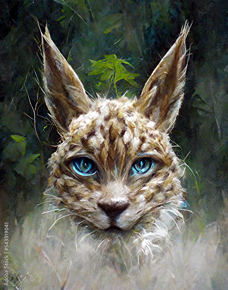 Lynx, bobcat. Realistic, colored portrait of a lynx head on a forest background. AI illustration ...