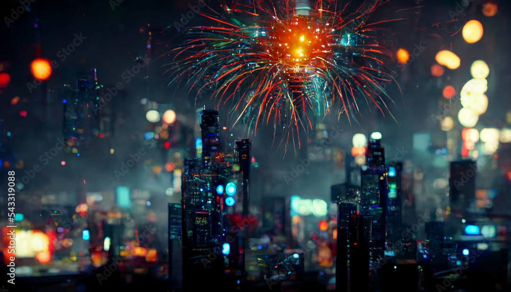 New Year's Eve in the cyber punk city. Fireworks and a blurry city in ...