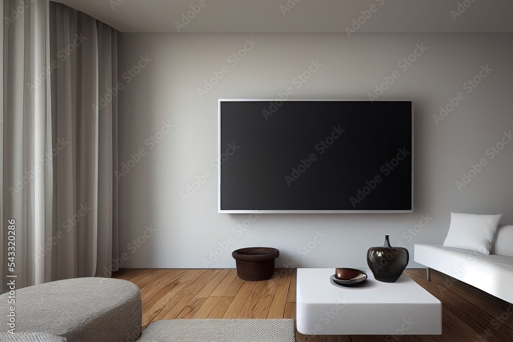 Concrete wall mounted tv in modern living room.3d rendering Stock ...