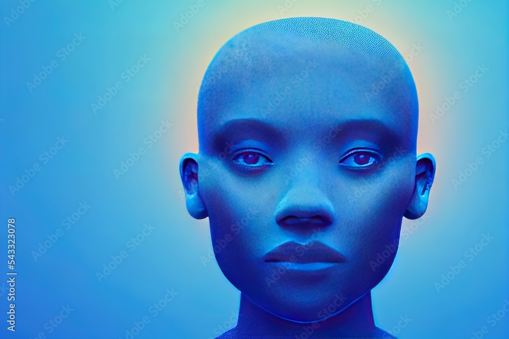 3d digital human face in abstract sound data wave flow. Futuristic had ...
