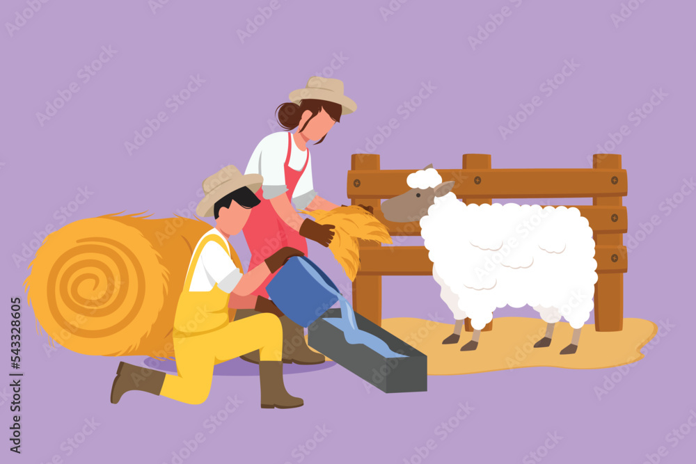 Character flat drawing couple farmer feed sheep with fresh grass to be ...