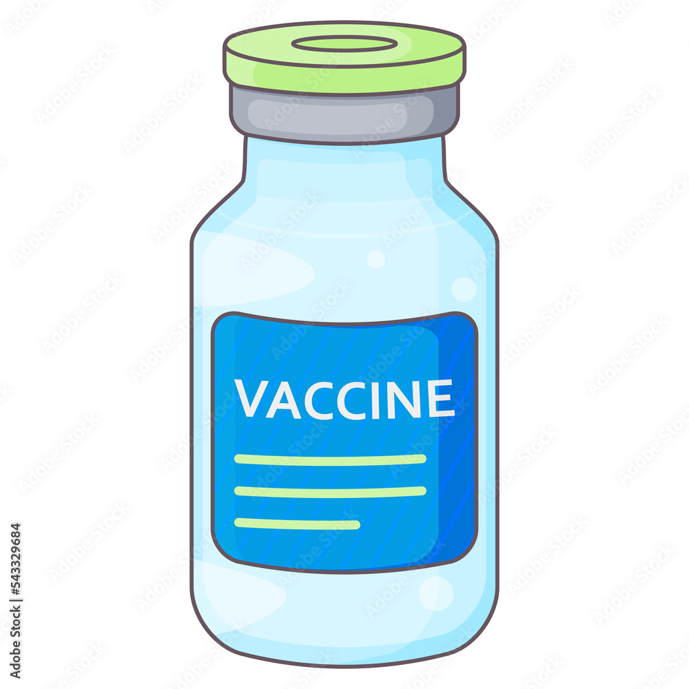 Vaccine bottle for injection in colorful cartoon style. Jab vial icon ...