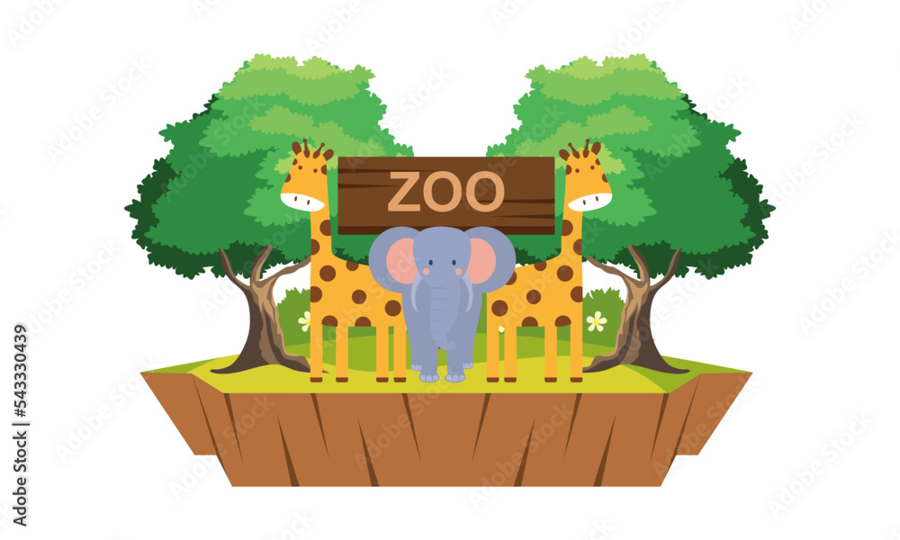 Zoo cartoon illustration with safari animals on forest background Stock ...