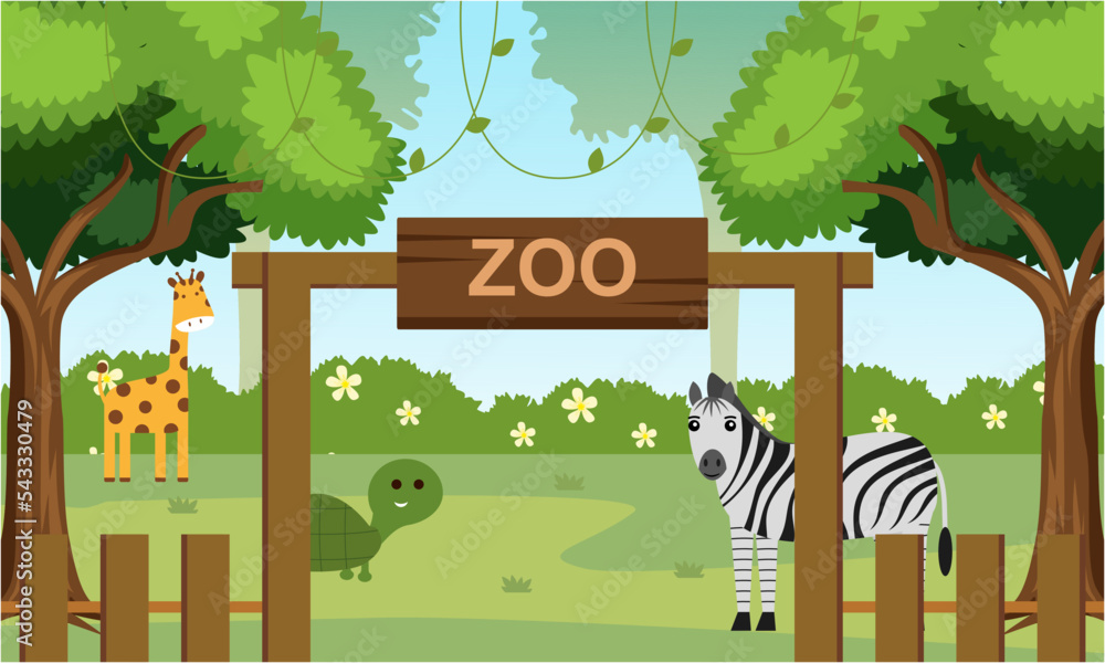 Zoo cartoon illustration with safari animals on forest background Stock ...