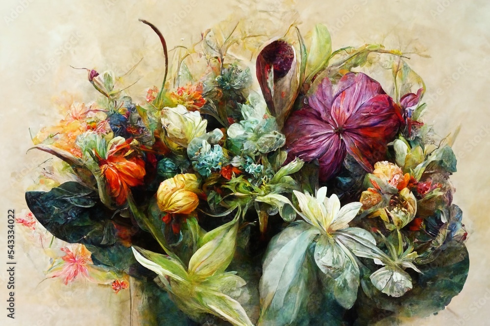 Floral Bouquet on rough paper texture background, Oil painting of ...