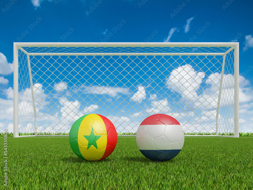 Footballs in flags colors on soccer field . Senegal with Netherlands ...