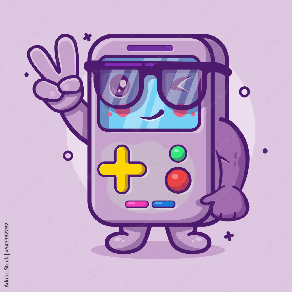 cute portable video game character mascot with peace sign hand gesture ...