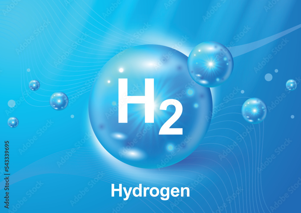 H2 Hydrogen Molecule Gas Pump. Floating round elements and molecules with text H2 and Hydrogen ...