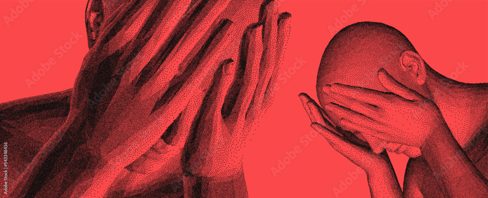 Man covering face with both hands. Human emotions, reaction and body ...