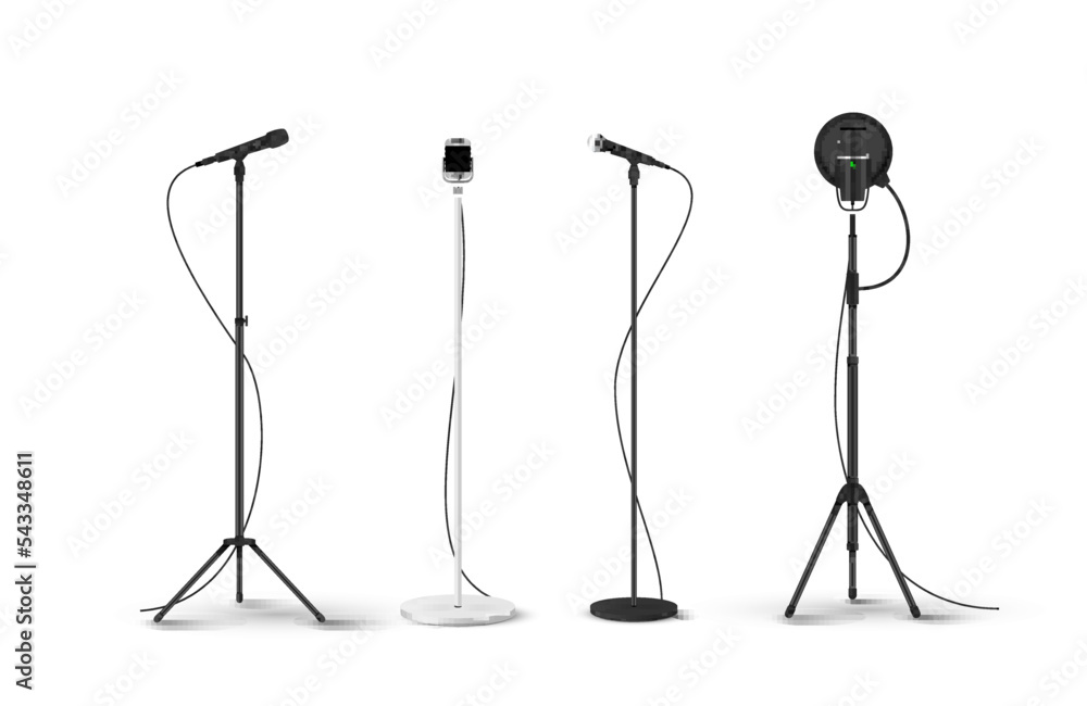 Microphones with stands set realistic vector illustration. Mic ...