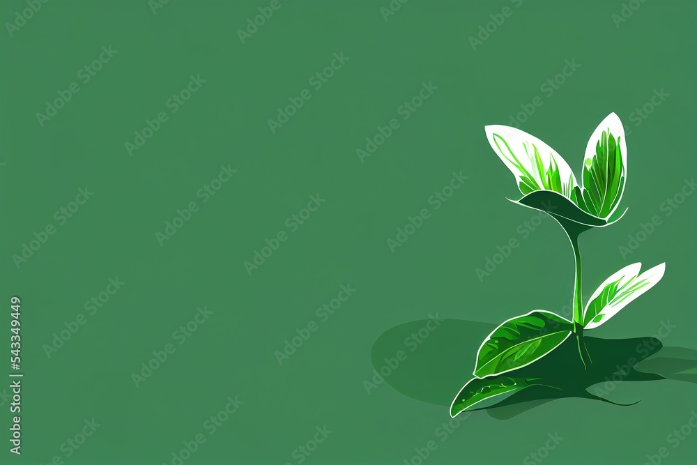 a green background with a plant growing out of it's leaves and shadow ...