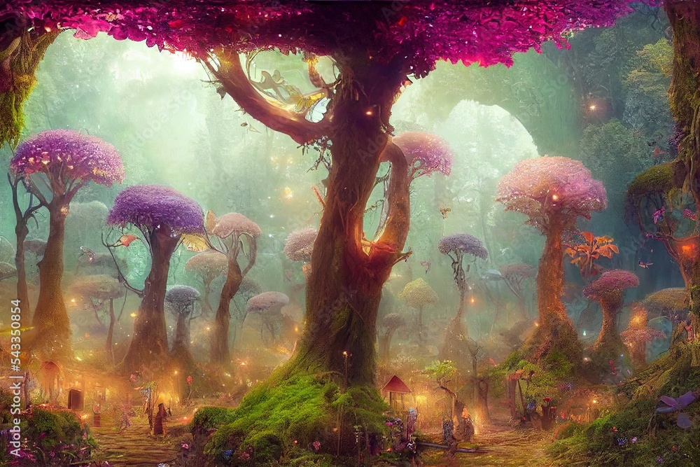 A colorful forest city of fairies with magical glowing plants, ancient ...