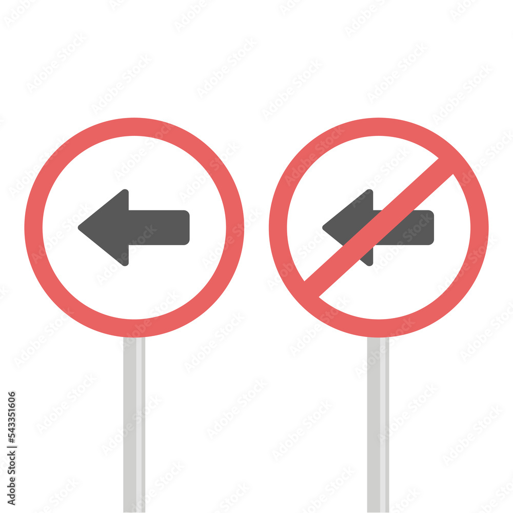 turn left and no turn left sign cartoon object on white background ...