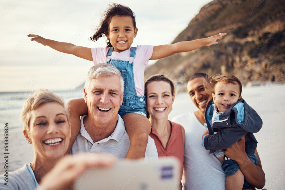 Beach, selfie and happy big family on vacation together in summer by ...