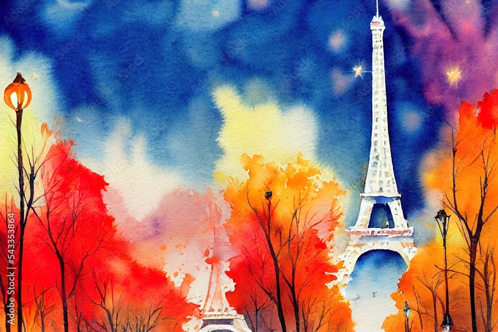 hand drawn watercolor painting of beautiful evening in Paris. landmark ...