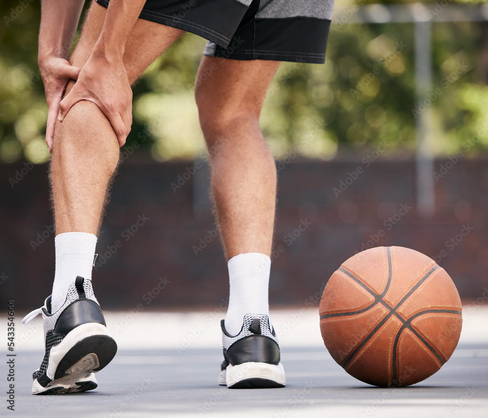 Man legs, injury and basketball athlete in pain on court for fitness ...