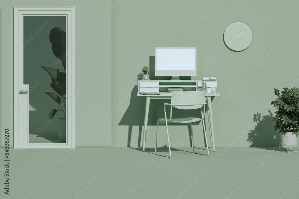 Pastel green monochrome minimal office table desk with plant pot ...