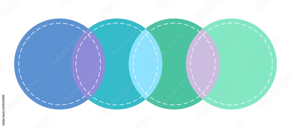 Venn diagram 4 circle i row with dash line chart infographic sign. Four ...