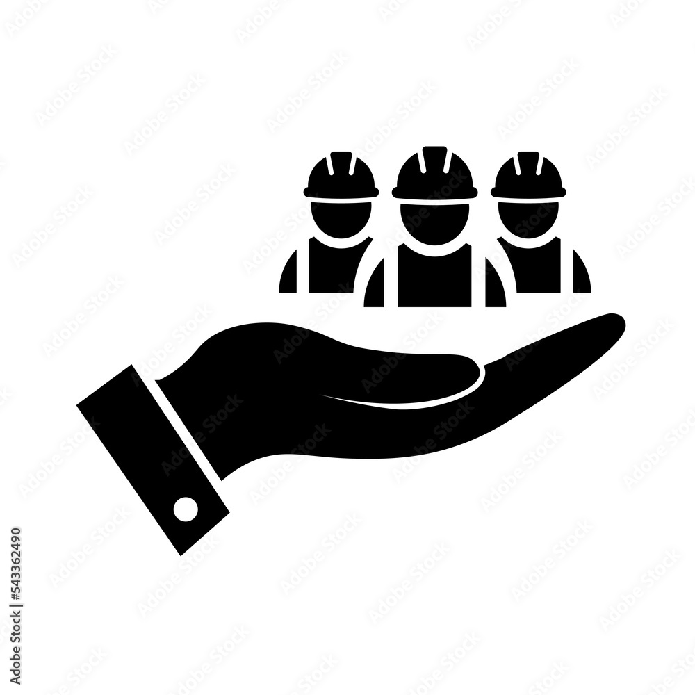 Black construction workers on hand icon in flat. Building contractor ...