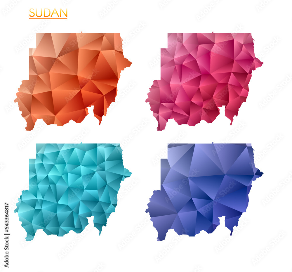 Set of vector polygonal maps of Sudan. Bright gradient map of country ...