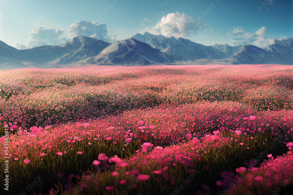 Natural beauty podium backdrop with spring rose flower field scene. 3d ...