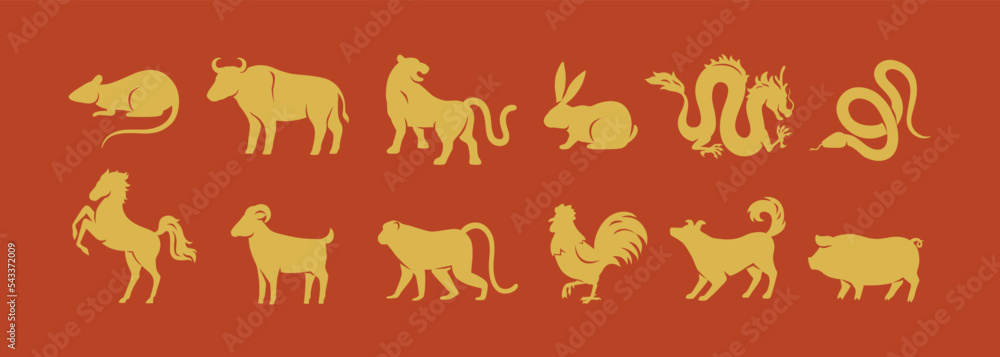 Chinese Zodiac with 12 animal signs, silhouettes for new years. Twelve ...