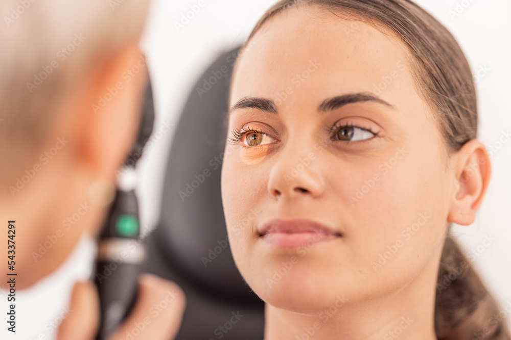 Test, eyes and woman in vision medical consultation with optometrist ...