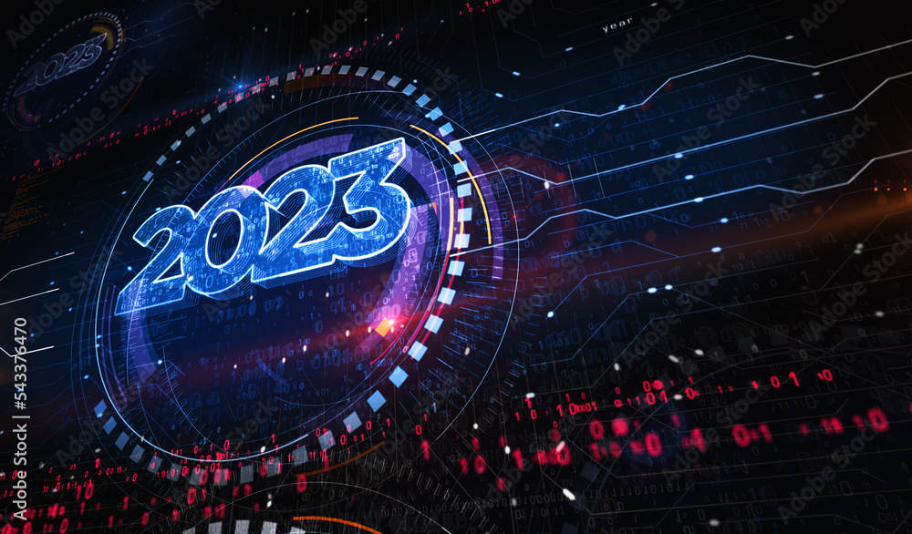 2023 year futuristic neon symbol digital concept 3d illustration Stock ...