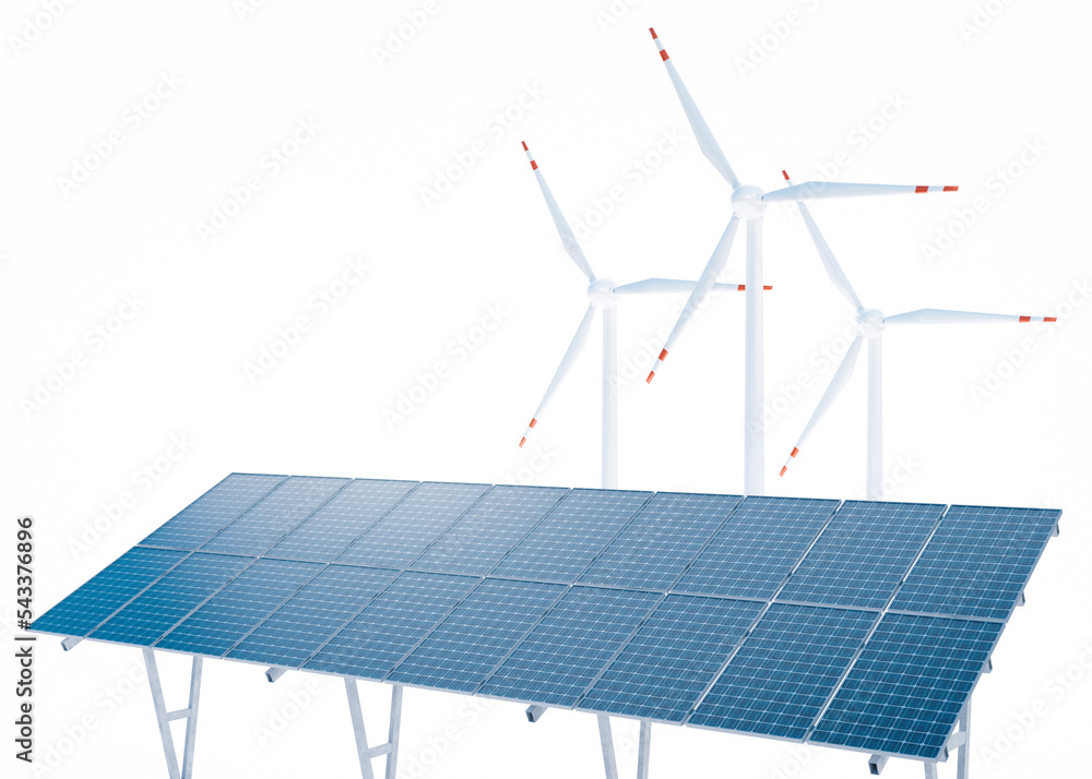 Wind turbines and solar panels on white background with copy space ...
