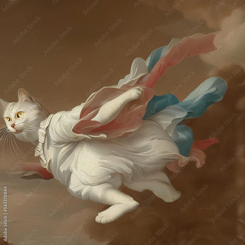 Getting in the flow. Flying Cat baroque art. Floating series. Oil ...