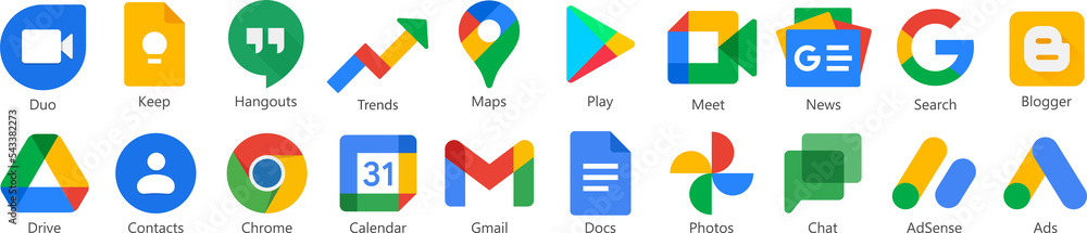 Google icons set. Google product icon on transparent background with ...