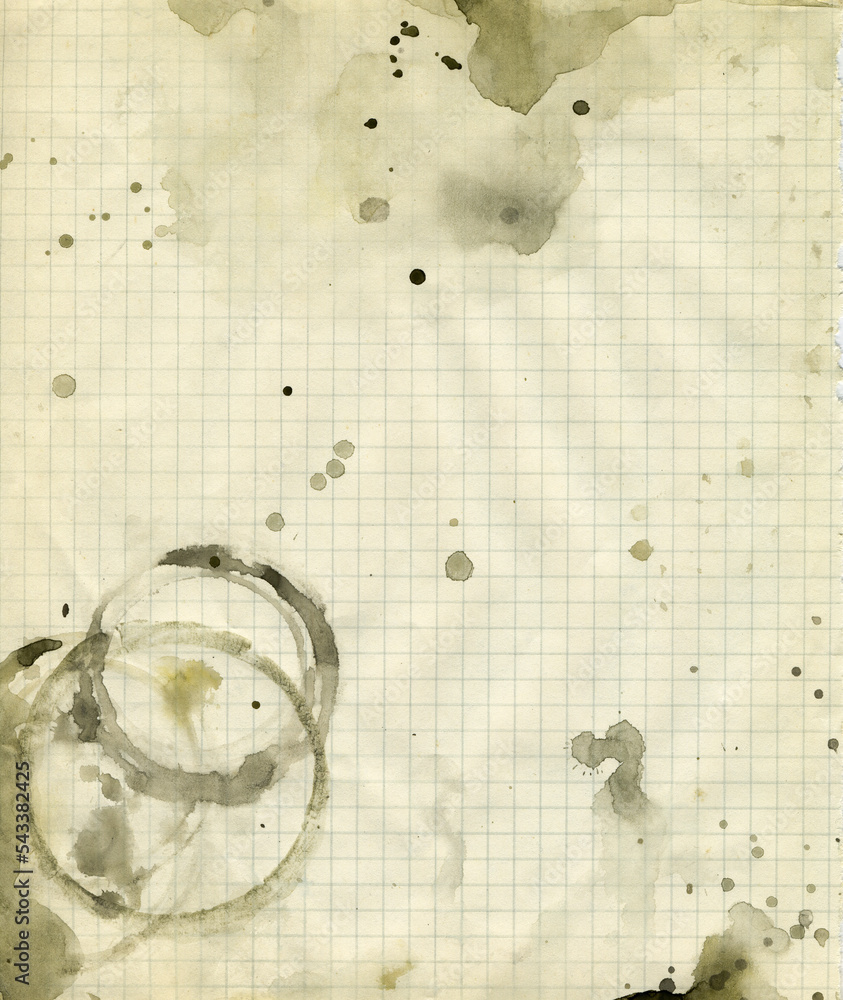 Vintage squared paper sheet background. Coffee stain rings. Dirty paper ...
