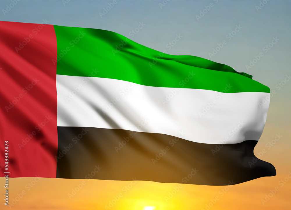 UAE flag on background of sunset or sunrise. Concept for National ...